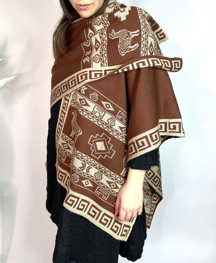 Alpaca Reversible Shawl - Women's Ruana Wrap - Brown and Cream, Bolivia ...