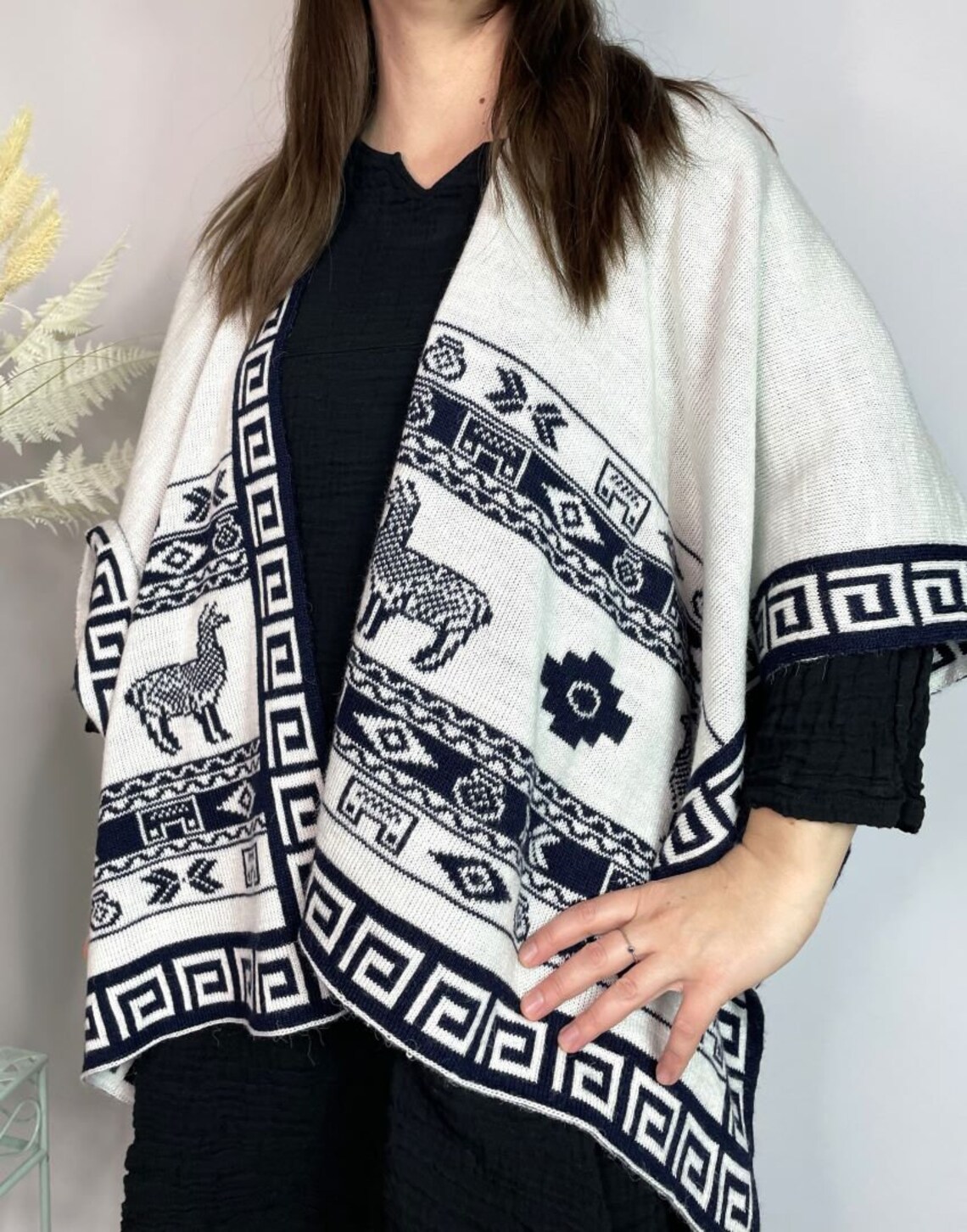 Alpaca Reversible Shawl - Women's Ruana Wrap - Navy and White, Bolivia ...