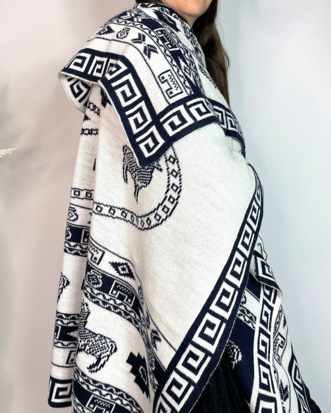 Alpaca Reversible Shawl - Women's Ruana Wrap - Navy and White, Bolivia ...