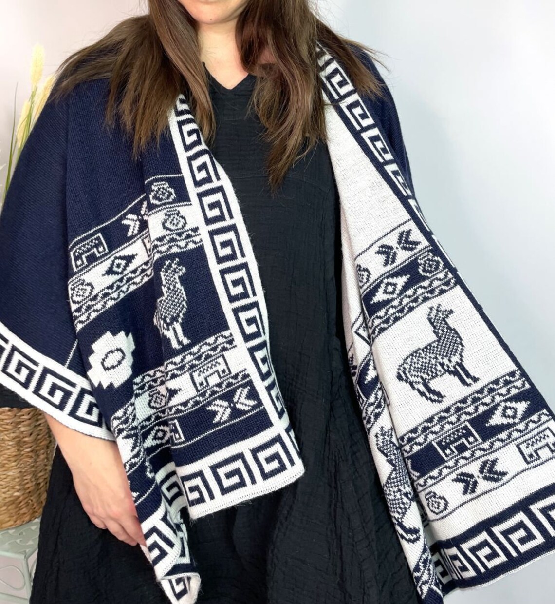 Alpaca Reversible Shawl - Women's Ruana Wrap - Navy and White, Bolivia ...