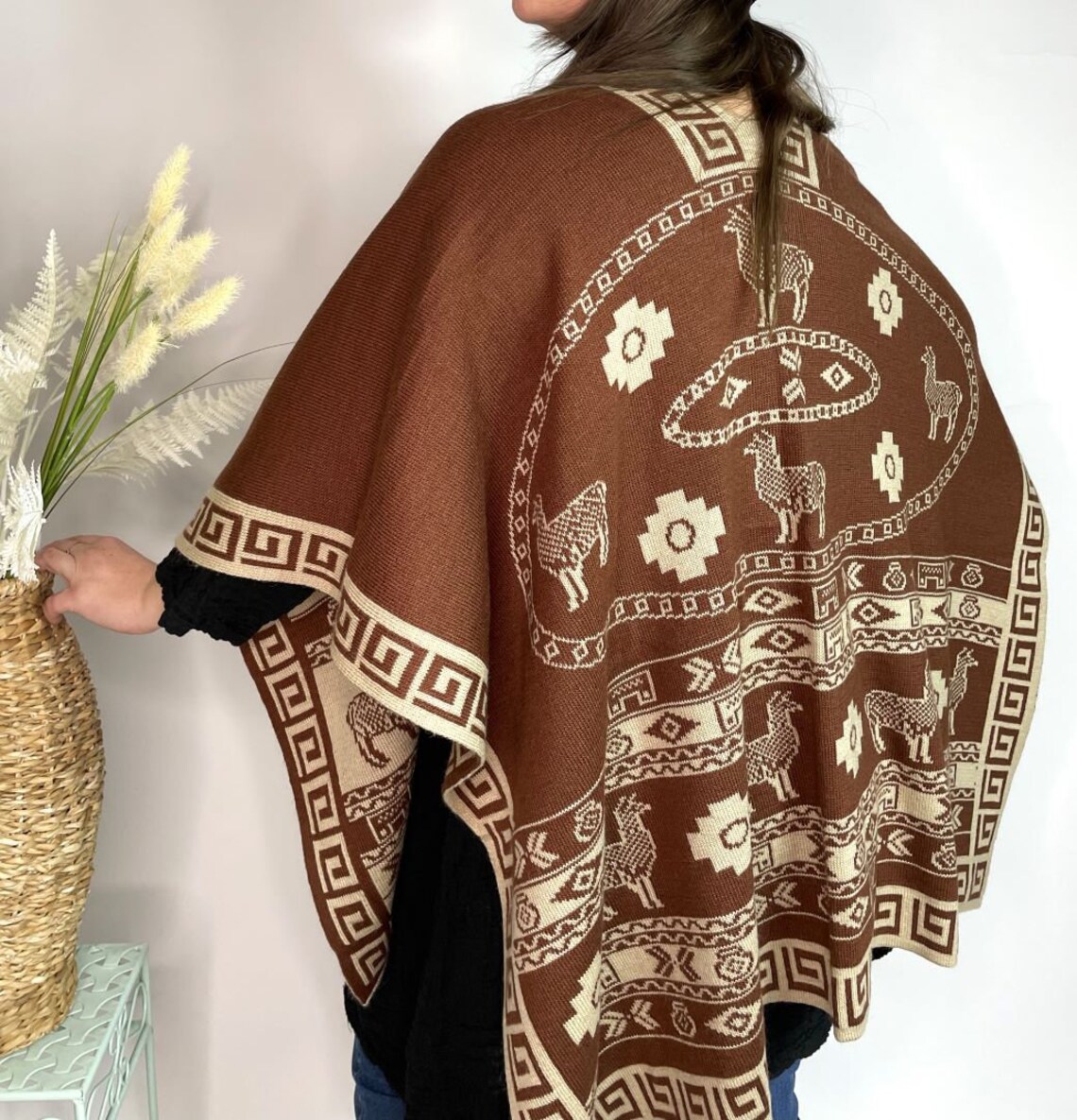 Alpaca Reversible Shawl - Women's Ruana Wrap - Brown and Cream, Bolivia ...
