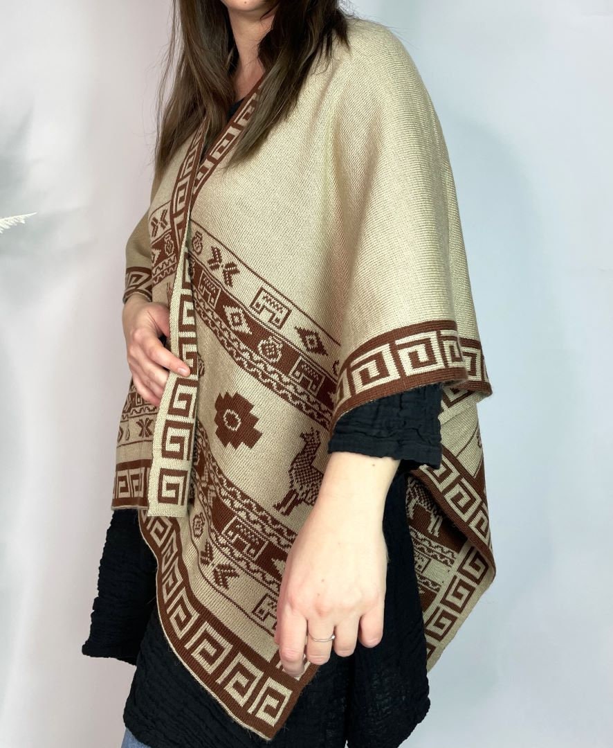 Alpaca Reversible Shawl - Women's Ruana Wrap - Brown and Cream, Bolivia ...
