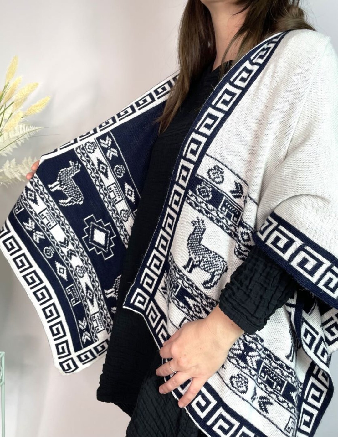 Alpaca Reversible Shawl - Women's Ruana Wrap - Navy and White, Bolivia ...