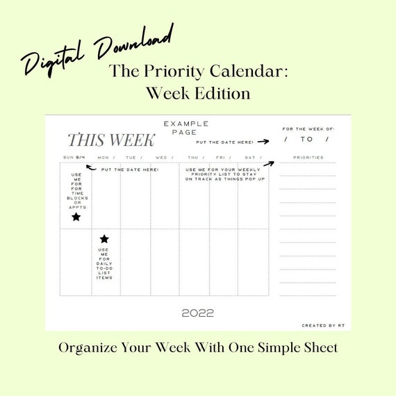 Priority Calendar: Week Edition - Etsy
