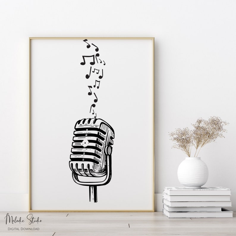 Black and White Minimalist Microphone Music Wall Art Digital Download ...