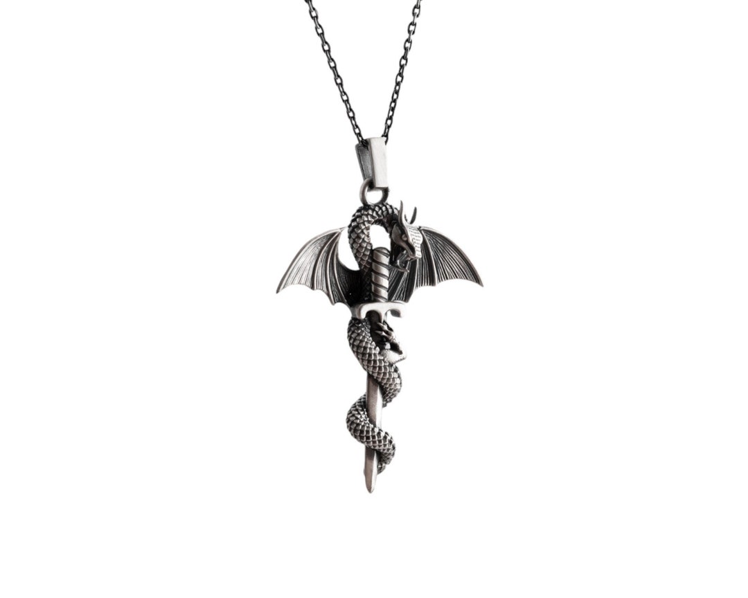 Sterling Silver Dragon Sword Pendant Necklace: Handmade Animal Jewelry ...