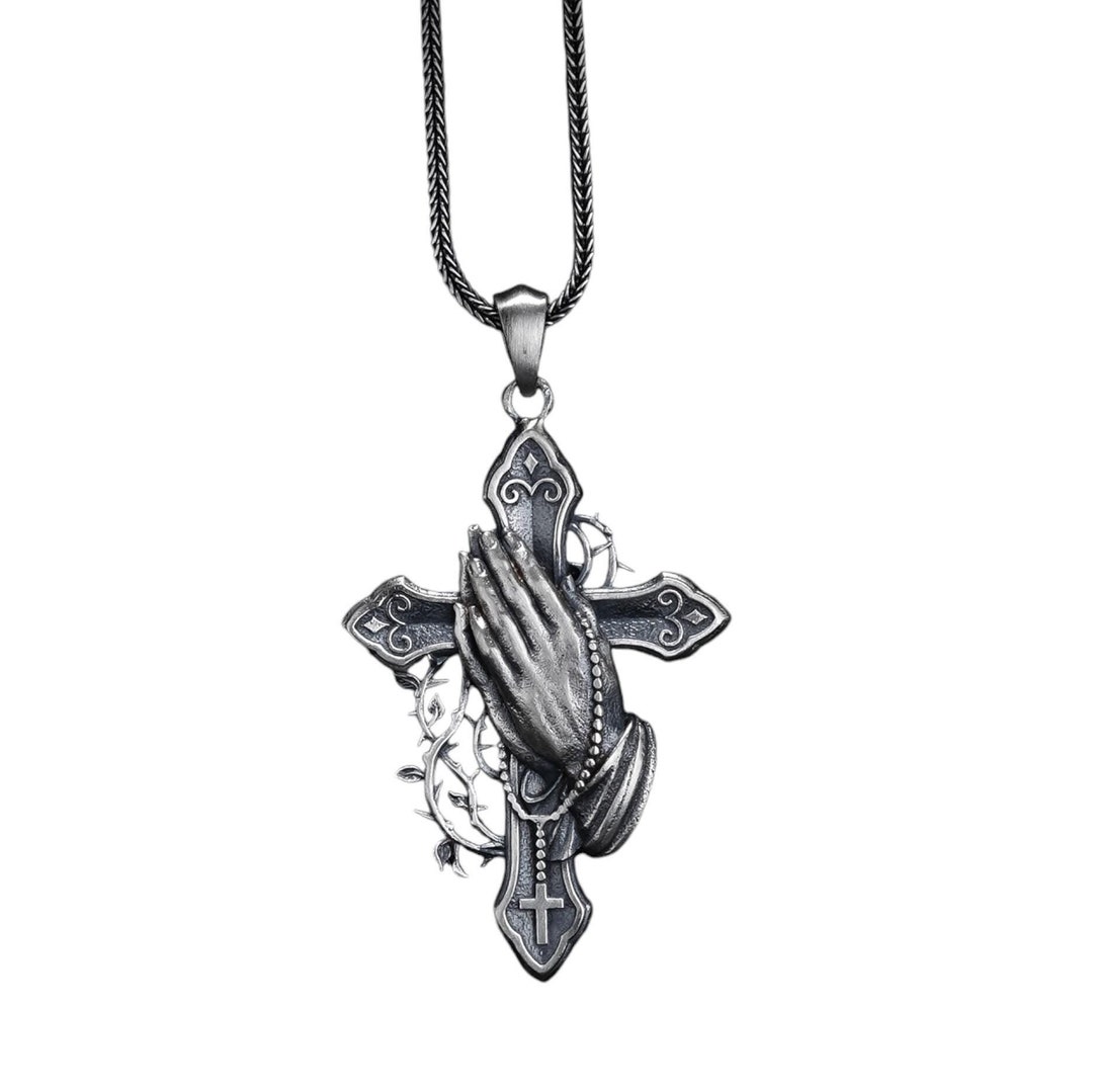 Praying Hands Cross Necklace for Him, Religious Crucifix Pendant, Christian Gift, Men's Jewelry ...