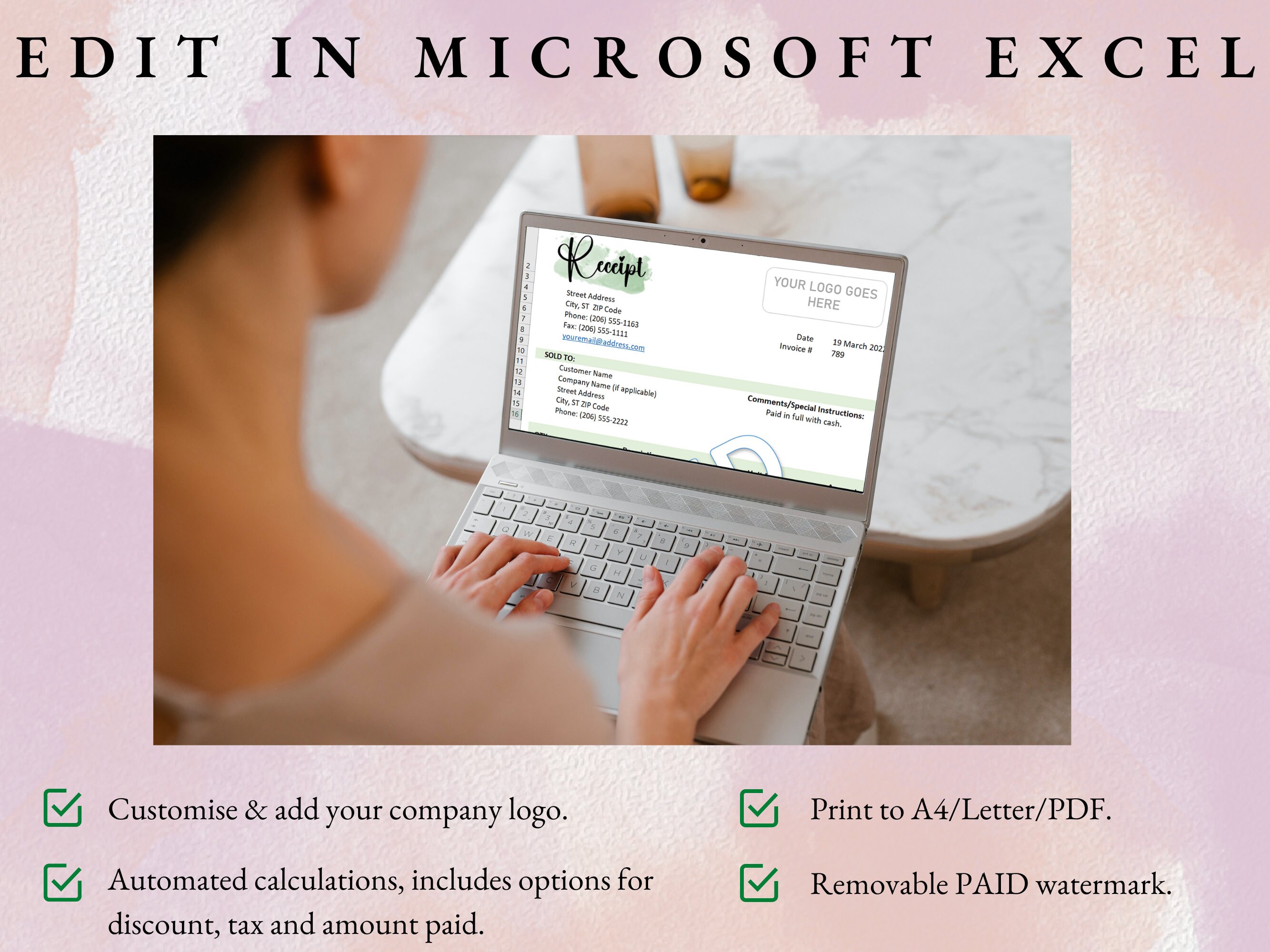 Business Receipt Microsoft Excel Template includes Paid Watermark ...