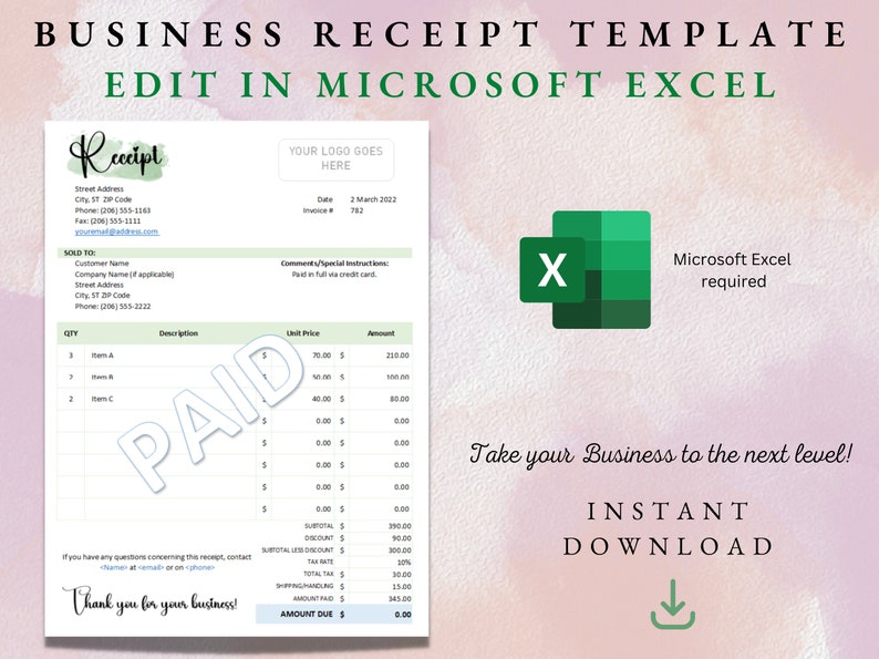 Business Receipt Microsoft Excel Template includes Paid Watermark ...