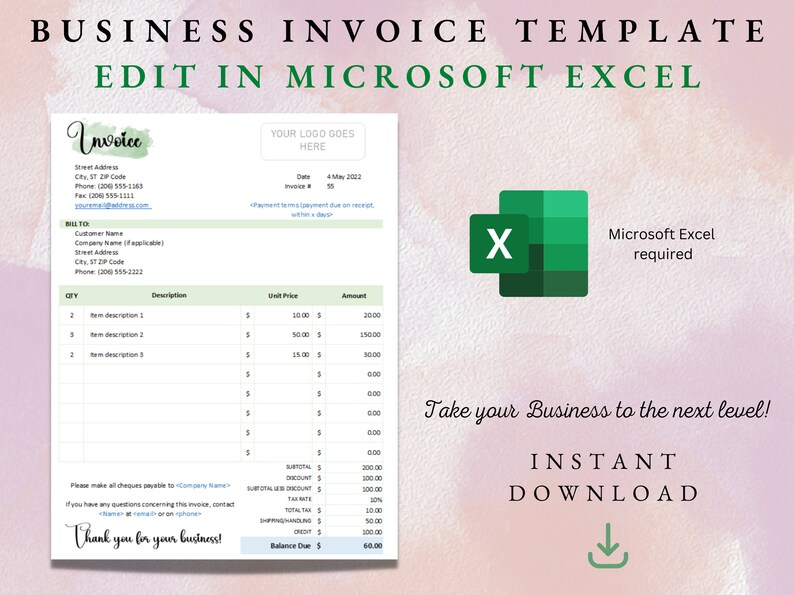 Microsoft Excel Business Tax Invoice Template Quick & Easy - Etsy