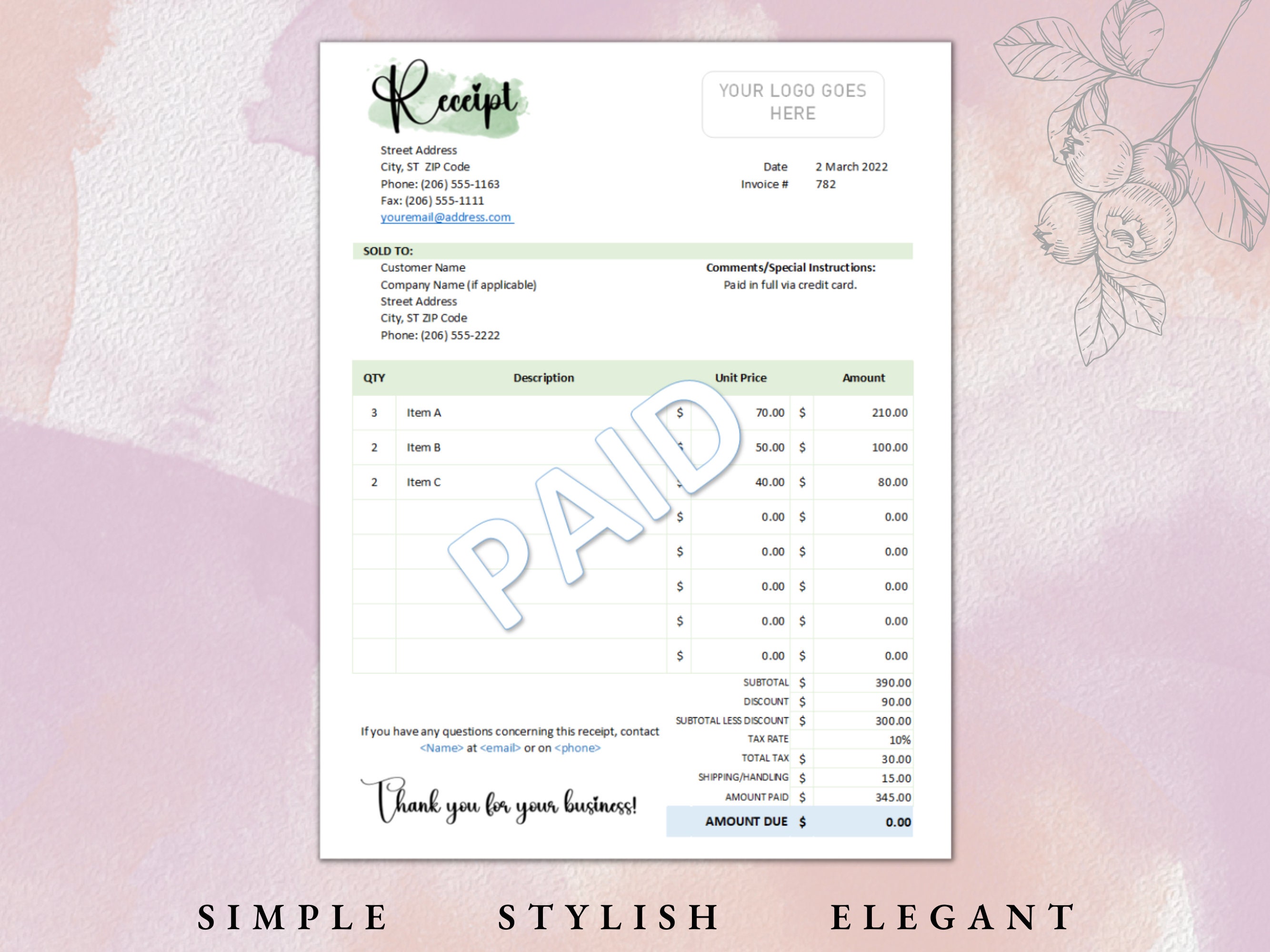 Business Receipt Microsoft Excel Template includes Paid Watermark ...