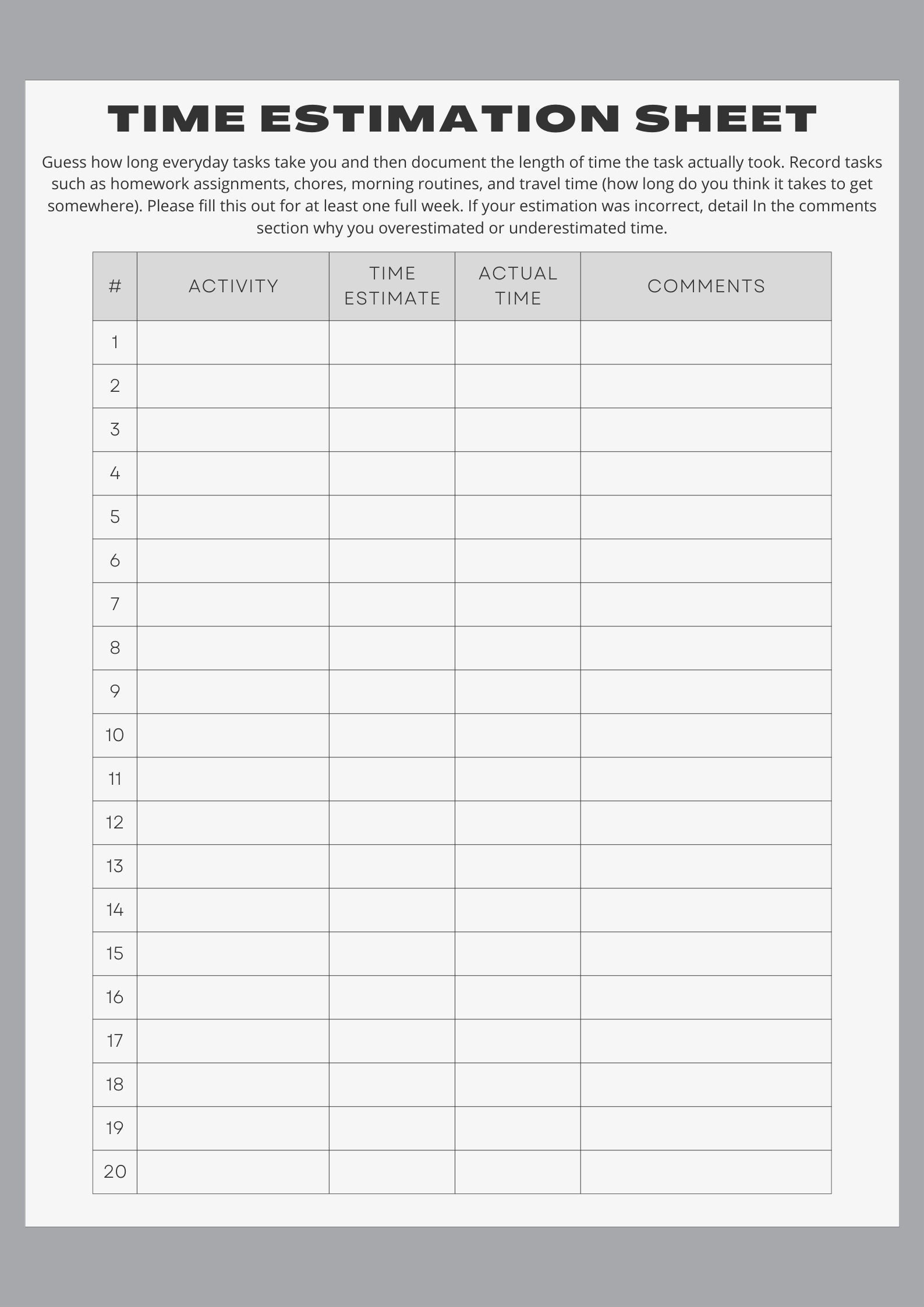 Time Estimation Worksheet - Etsy