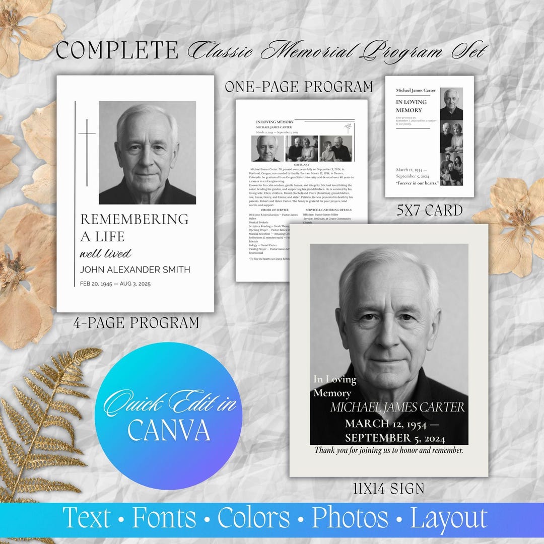 Classic Memorial Program Template Set | Funeral Program Canva Editable ...