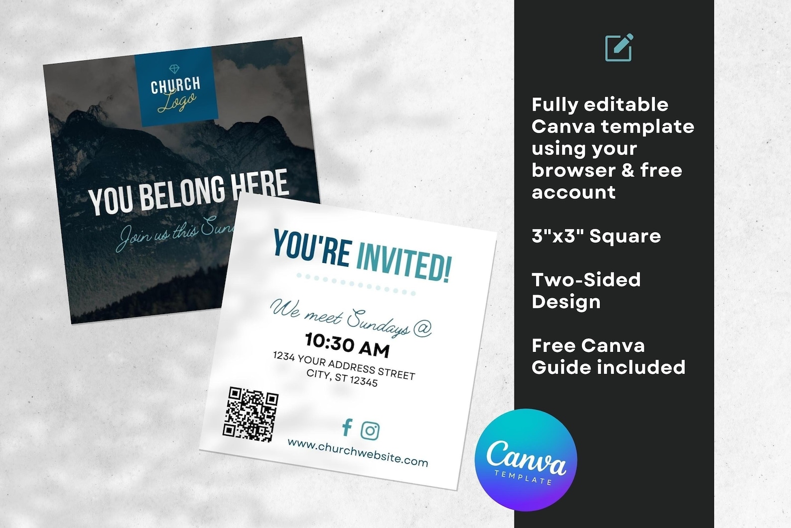 Square Church Invitation Canva Template, Sunday Invitation Card Handout ...