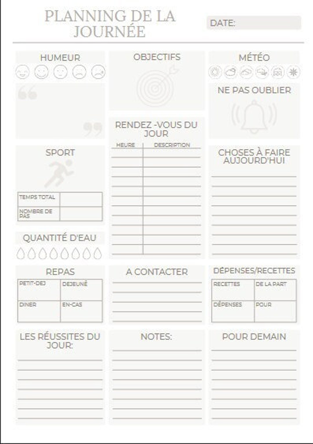 Fiche planning de la journée imprimable - Etsy France