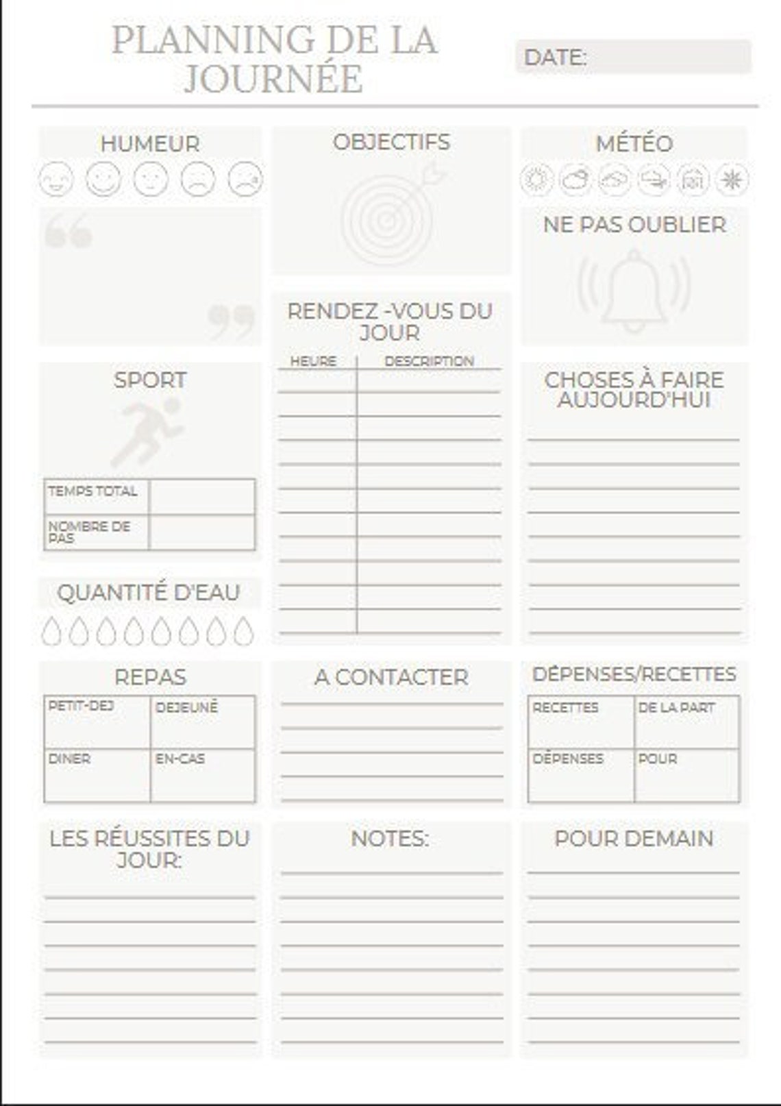 Fiche planning de la journée imprimable - Etsy France