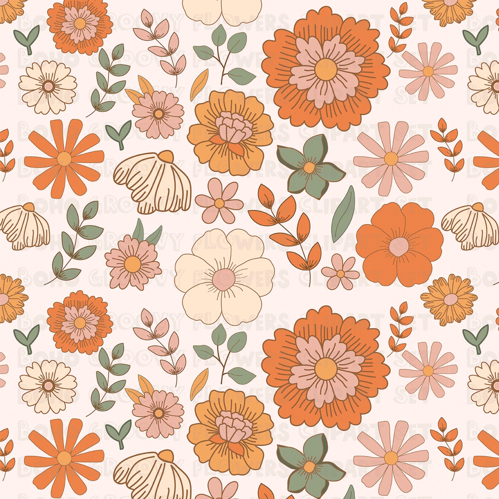 Groovy Boho Flowers Clipart Bundle, Boho Flowers Clipart SVG, Boho ...