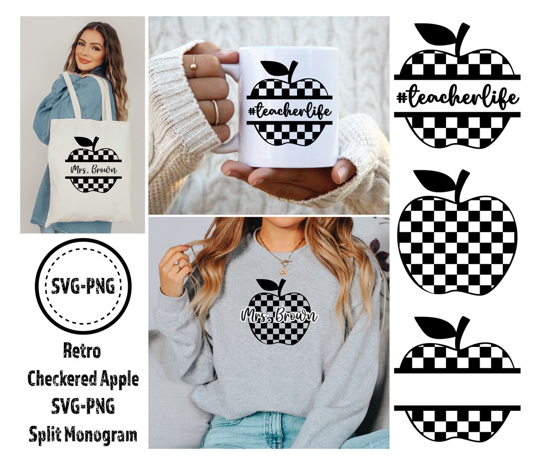 Checkered Apple Svg Apple Split Monogram SVG Teacher Life Svg Apple Svg ...