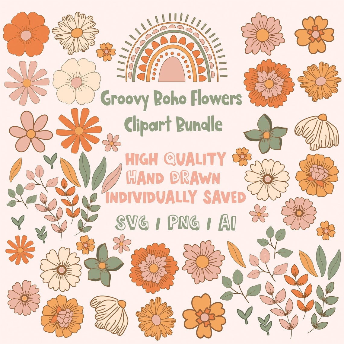 Groovy Boho Flowers Clipart Bundle, Boho Flowers Clipart SVG, Boho ...