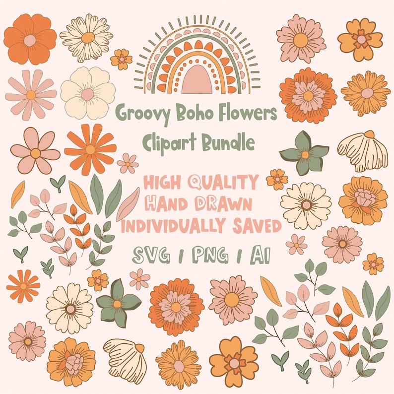 Groovy Boho Flowers Clipart Bundle, Boho Flowers Clipart SVG, Boho ...