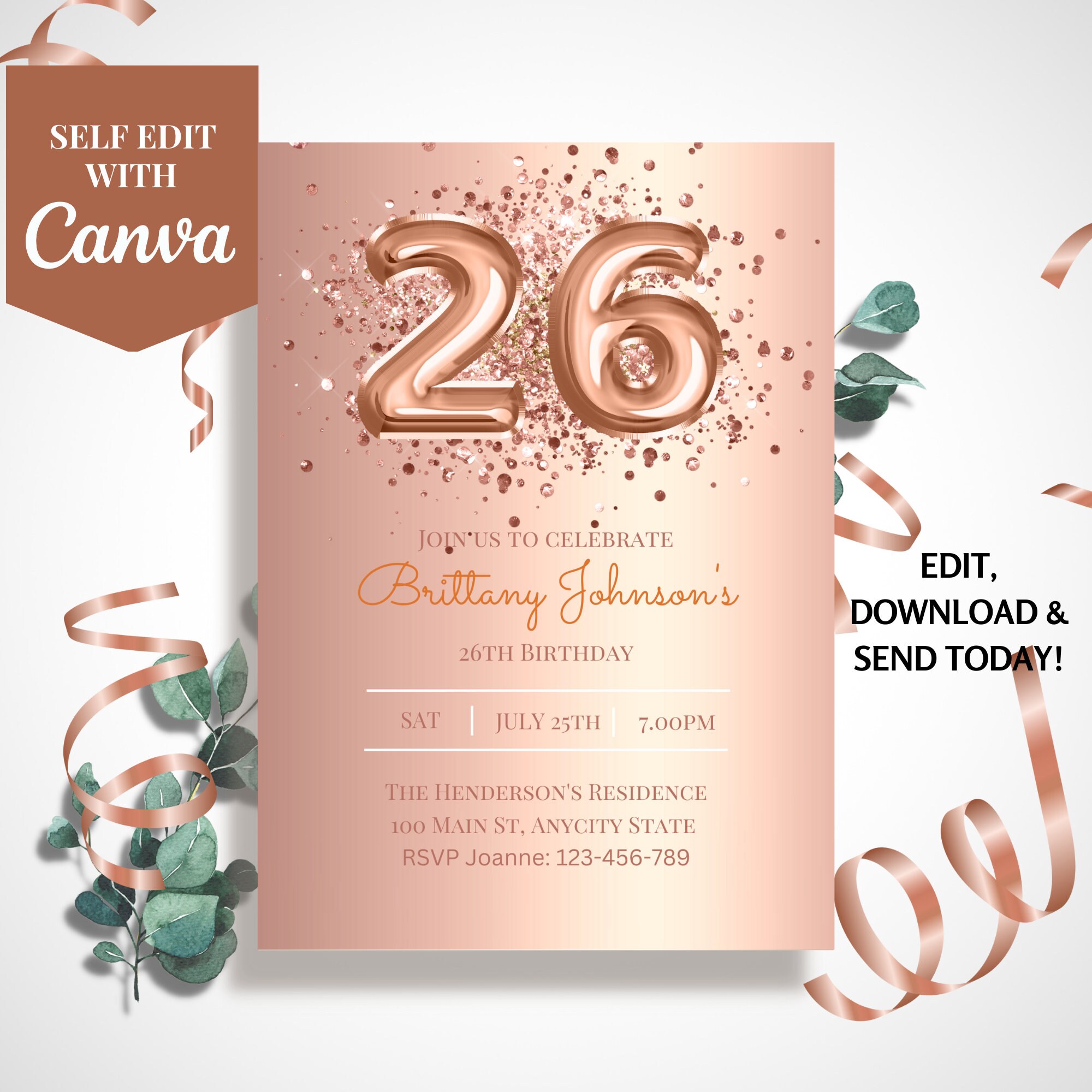 26th Birthday Invitation Rose Gold Invitation Digital 26th - Etsy