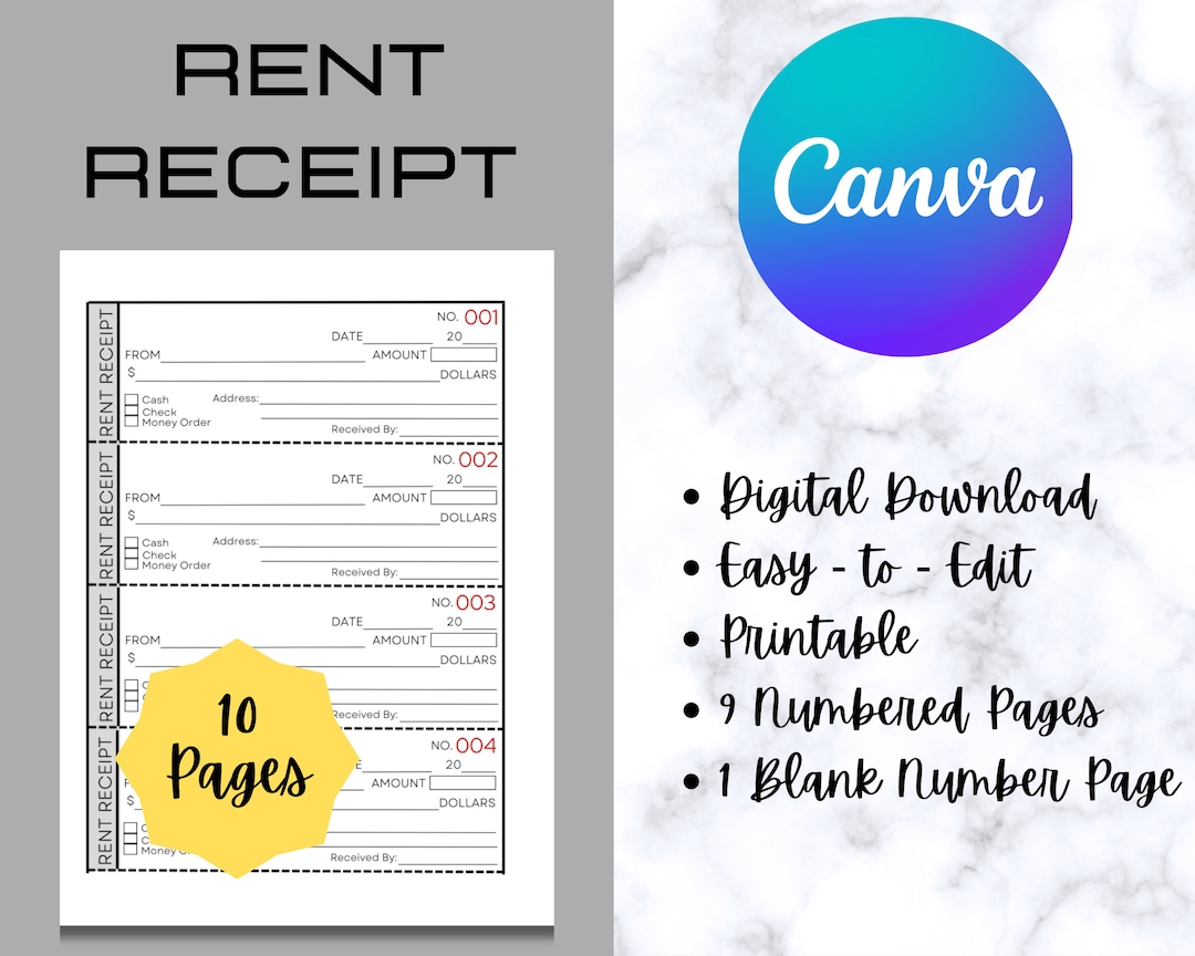 Rent Receipt, Rental Receipt, Rental Invoice, Rent Invoice, Editable ...