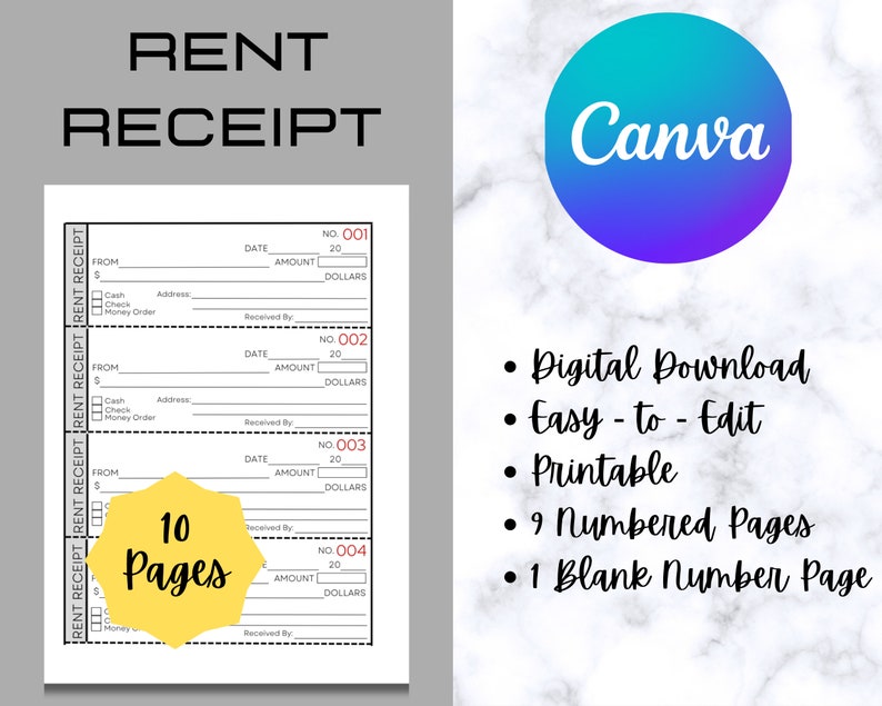 Rent Receipt, Rental Receipt, Rental Invoice, Rent Invoice, Editable ...