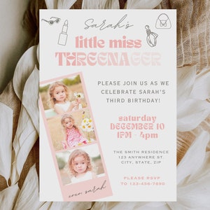 3rd Birthday Invitation Girl, Little Miss Threenager Invitations, Third ...