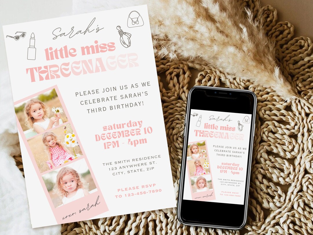 Little Miss Threenager Invitations, 3rd Birthday Invitation Girl, Third ...