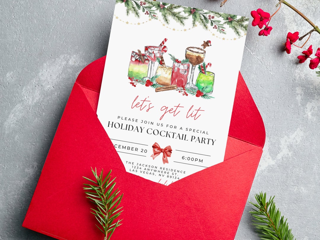 Holiday Cocktail Party Invitation Template, Lets Get Lit Invitation ...