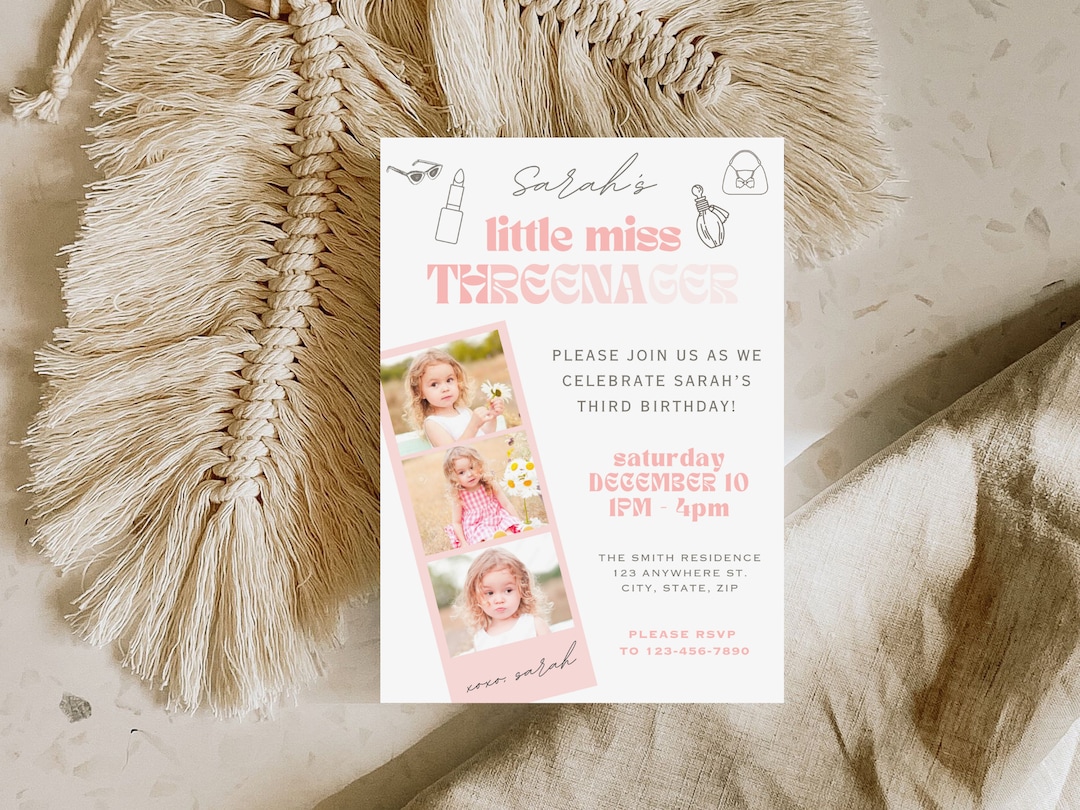 3rd Birthday Invitation Girl, Little Miss Threenager Invitations, Third ...