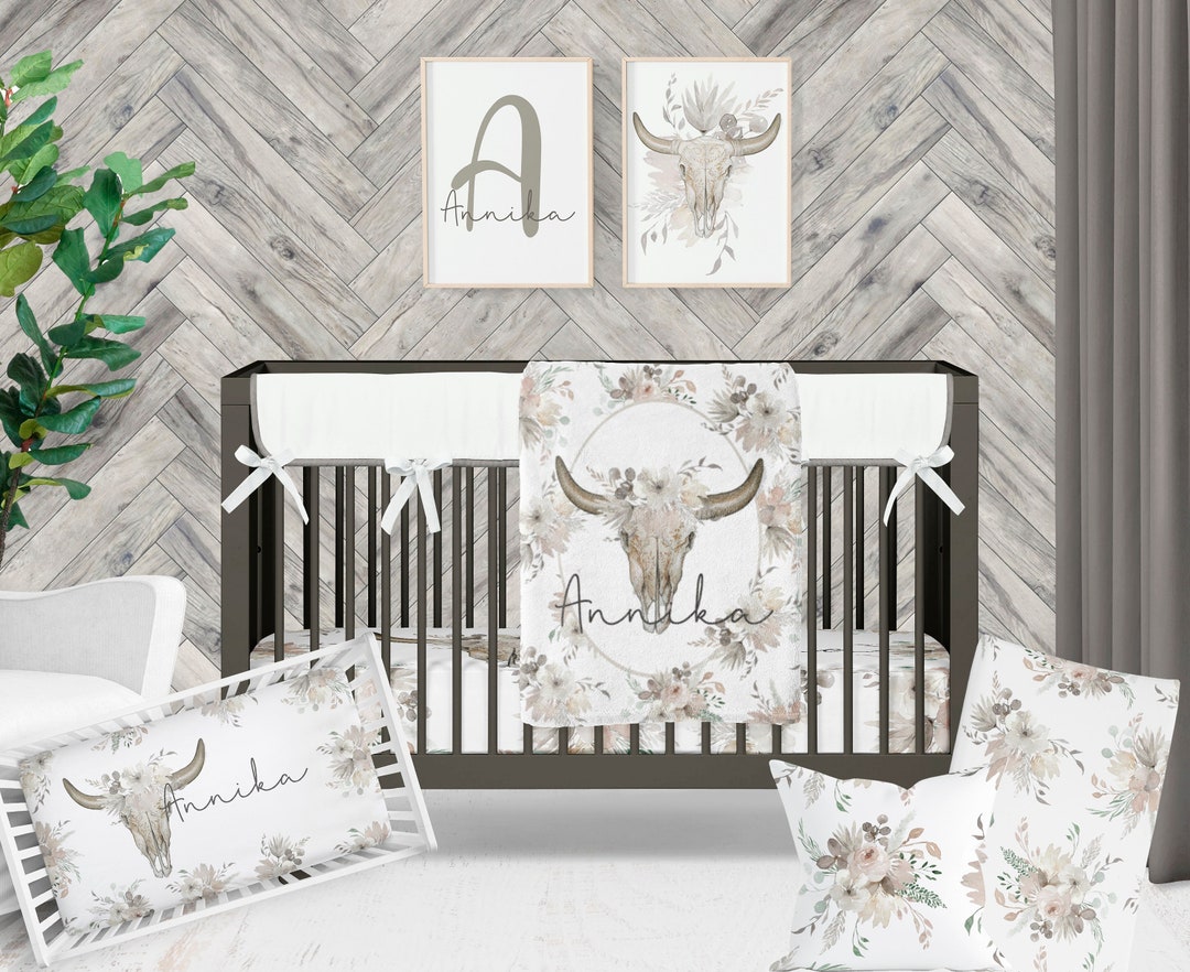 Girl Crib Bedding Set, Western Bull Skull Nursery, Neutral Floral Baby ...