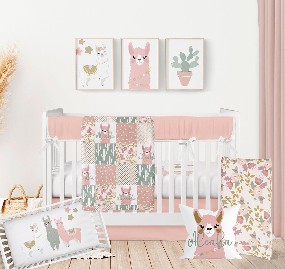 Llama Crib Bedding, Baby Girl Llama Nursery, Pink and Sage Personalized ...