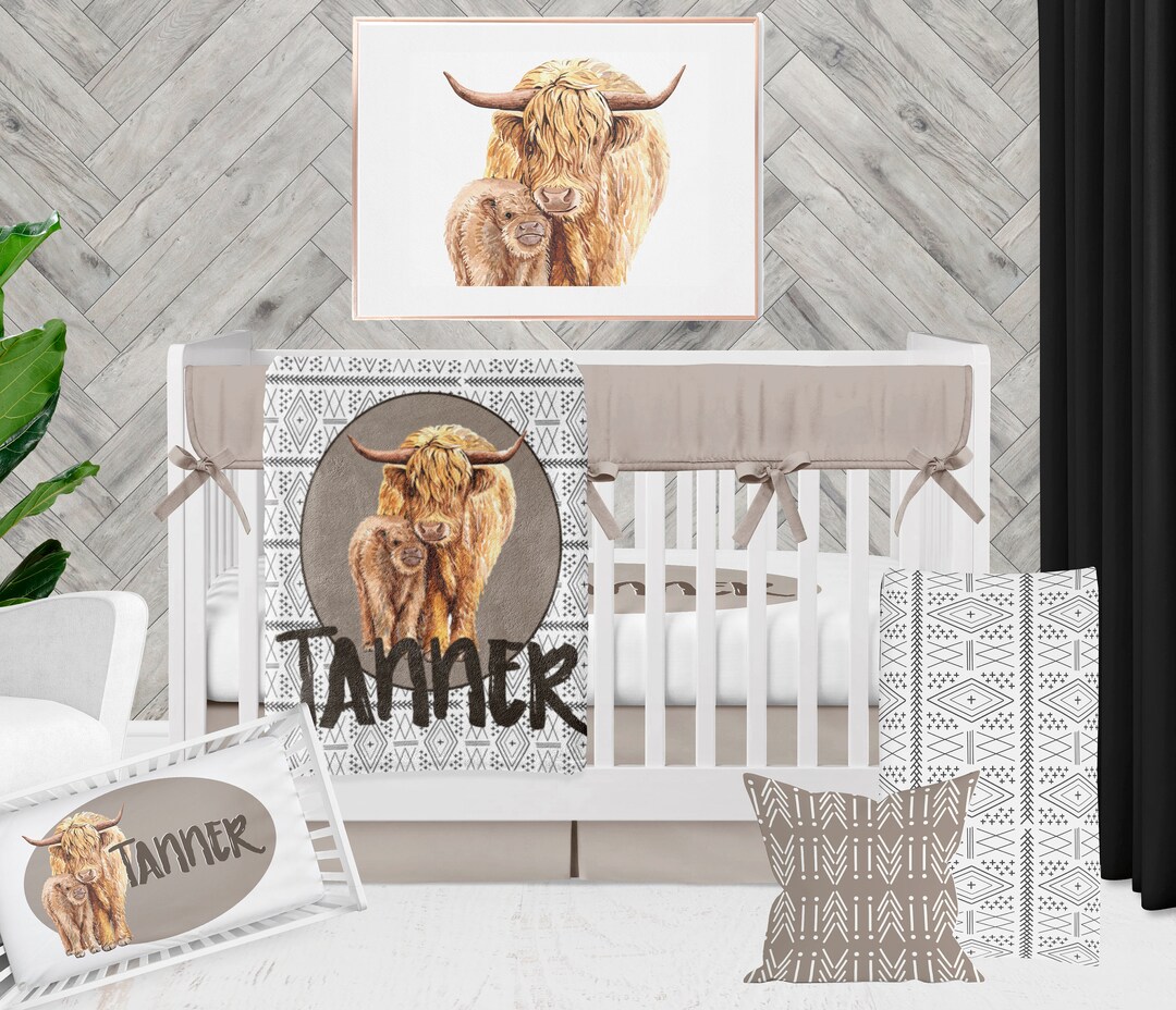 Cow Boy Crib Bedding, Highland Cow Nursery, Baby Boy Personalized ...