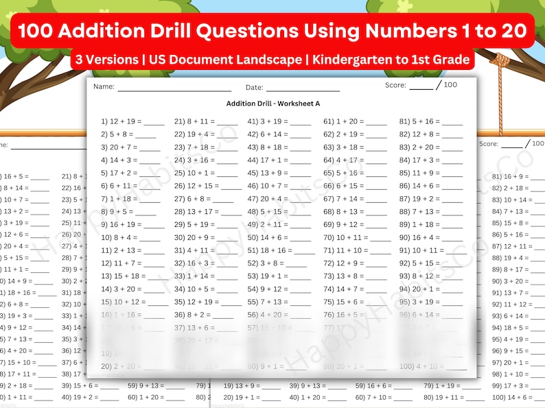 Addition Math Homework Worksheets 100 Questions Numbers 1 to 20 Instant ...