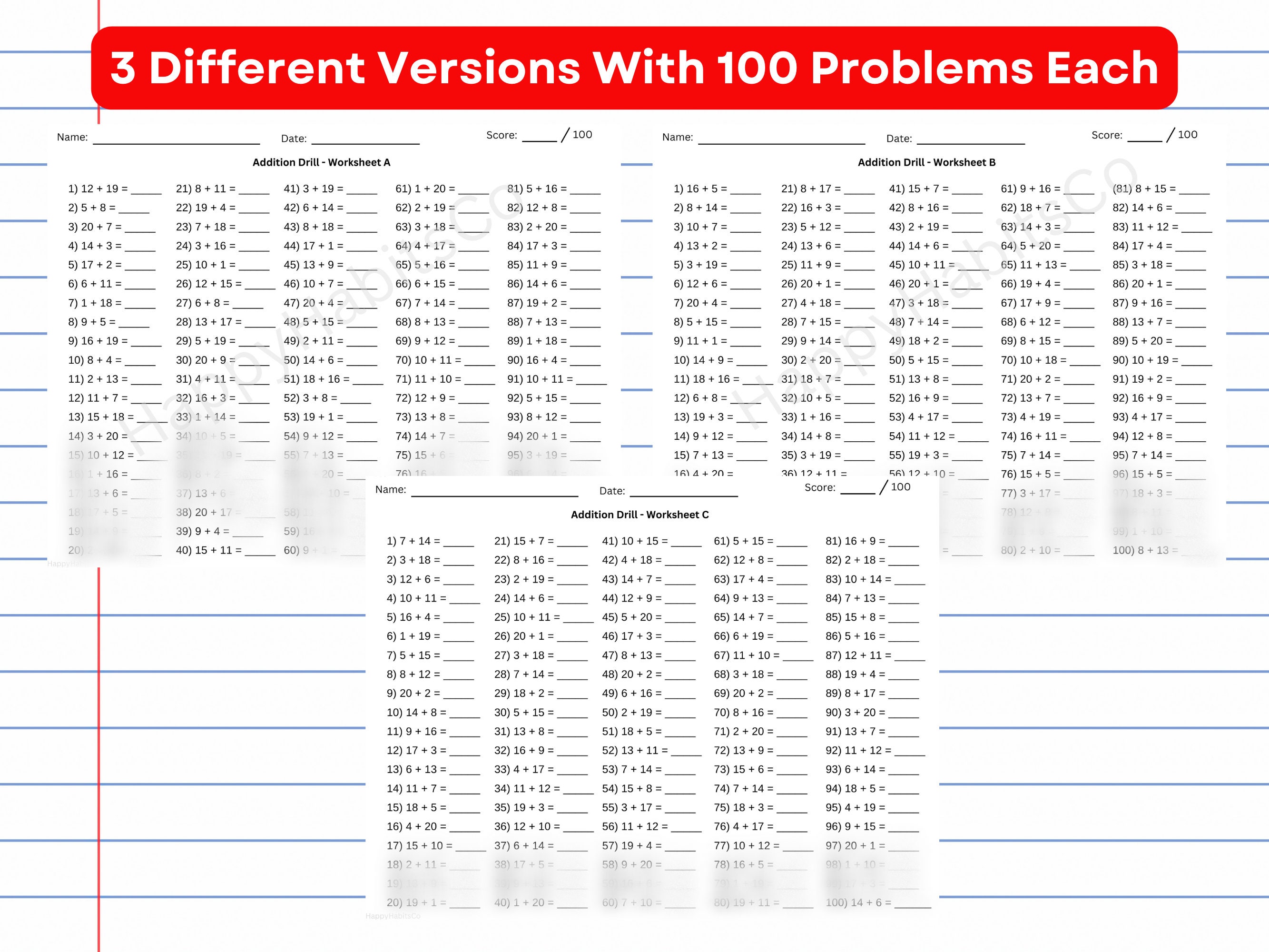 Addition Math Homework Worksheets 100 Questions Numbers 1 to 20 Instant ...