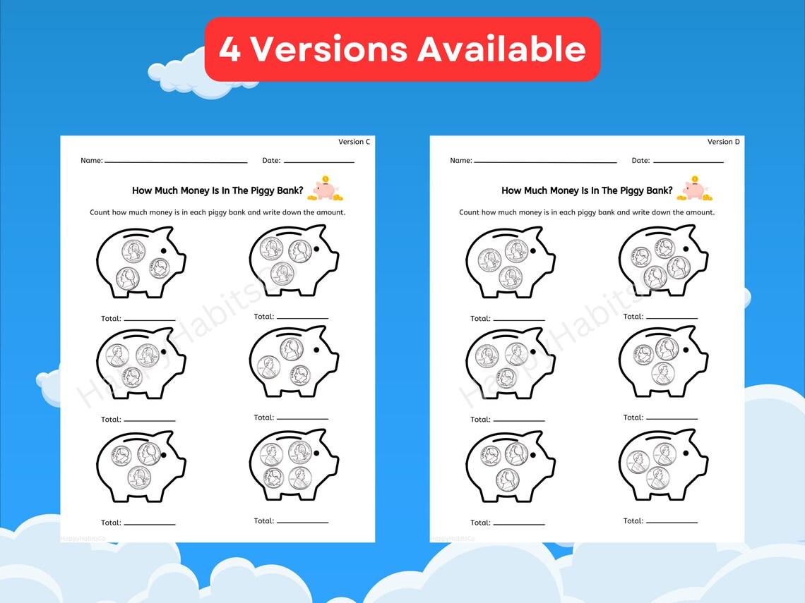 Money Counting Piggy Bank Coins Addition Practice Math Homework ...