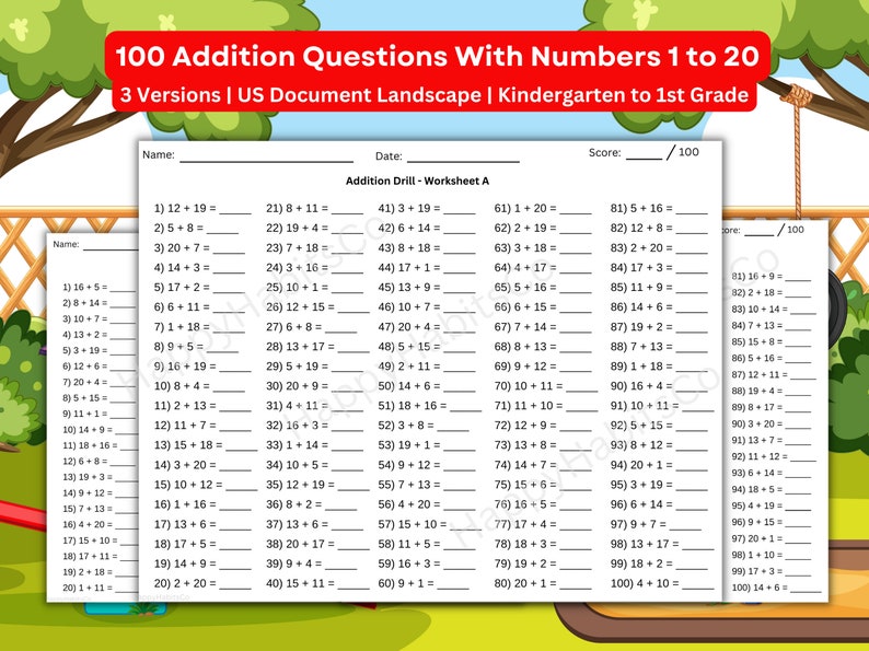 Addition Math Homework Worksheets 100 Questions Numbers 1 to 20 Instant ...