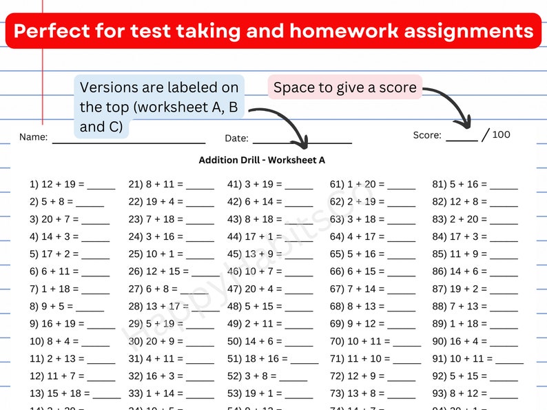 Addition Math Homework Worksheets 100 Questions Numbers 1 to 20 Instant ...