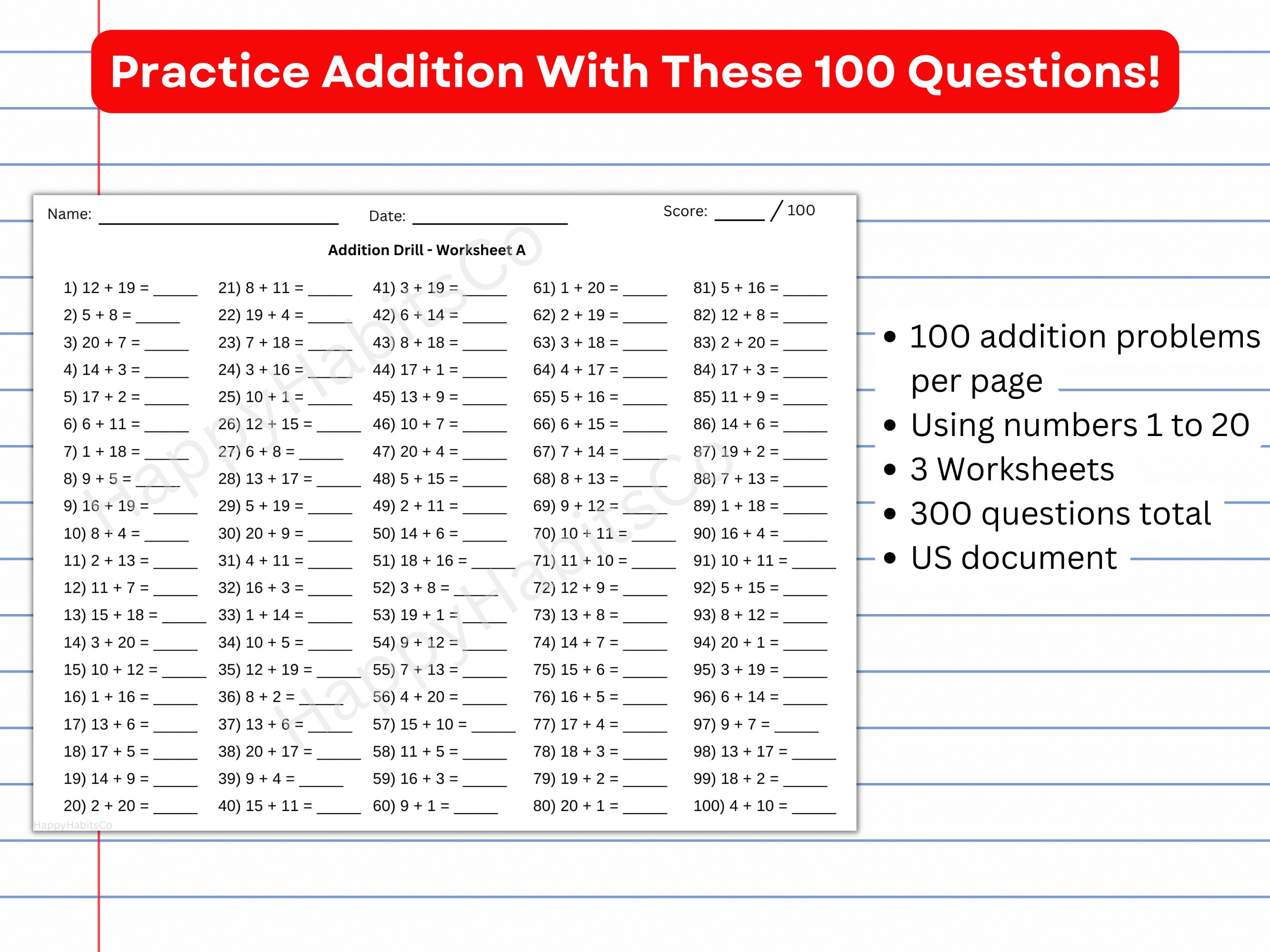 Addition Math Homework Worksheets 100 Questions Numbers 1 to 20 Instant ...