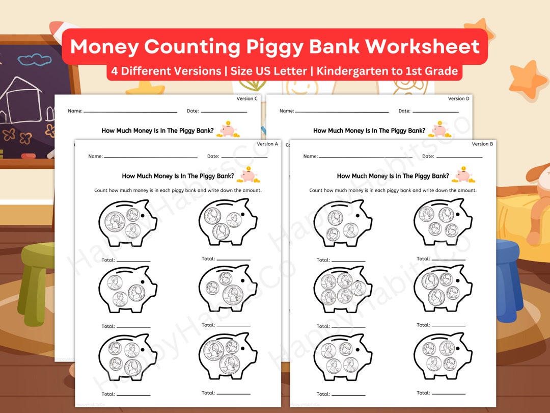Money Counting Piggy Bank Coins Addition Practice Math Homework ...