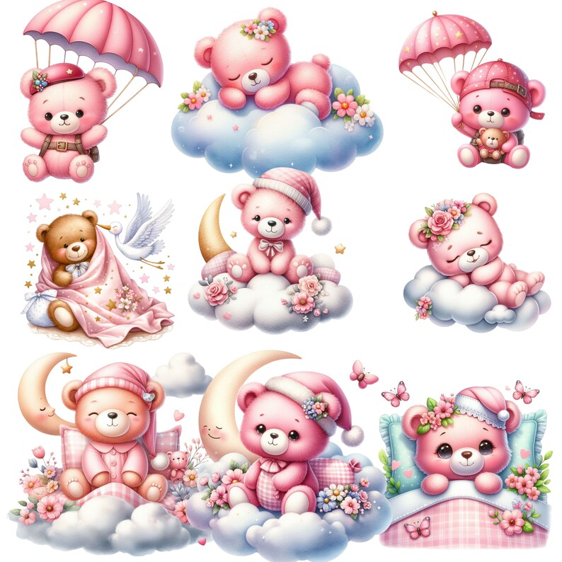 84 Pink Sleepy Teddy Bear Sublimation, Watercolor Teddy Bear Clipart ...
