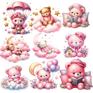 84 Pink Sleepy Teddy Bear Sublimation, Watercolor Teddy Bear Clipart ...