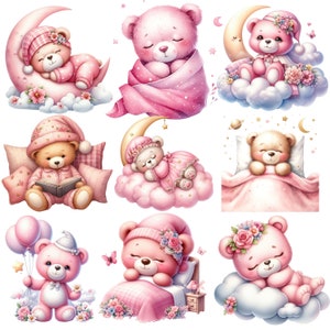 84 Pink Sleepy Teddy Bear Sublimation, Watercolor Teddy Bear Clipart ...