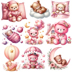 84 Pink Sleepy Teddy Bear Sublimation, Watercolor Teddy Bear Clipart ...