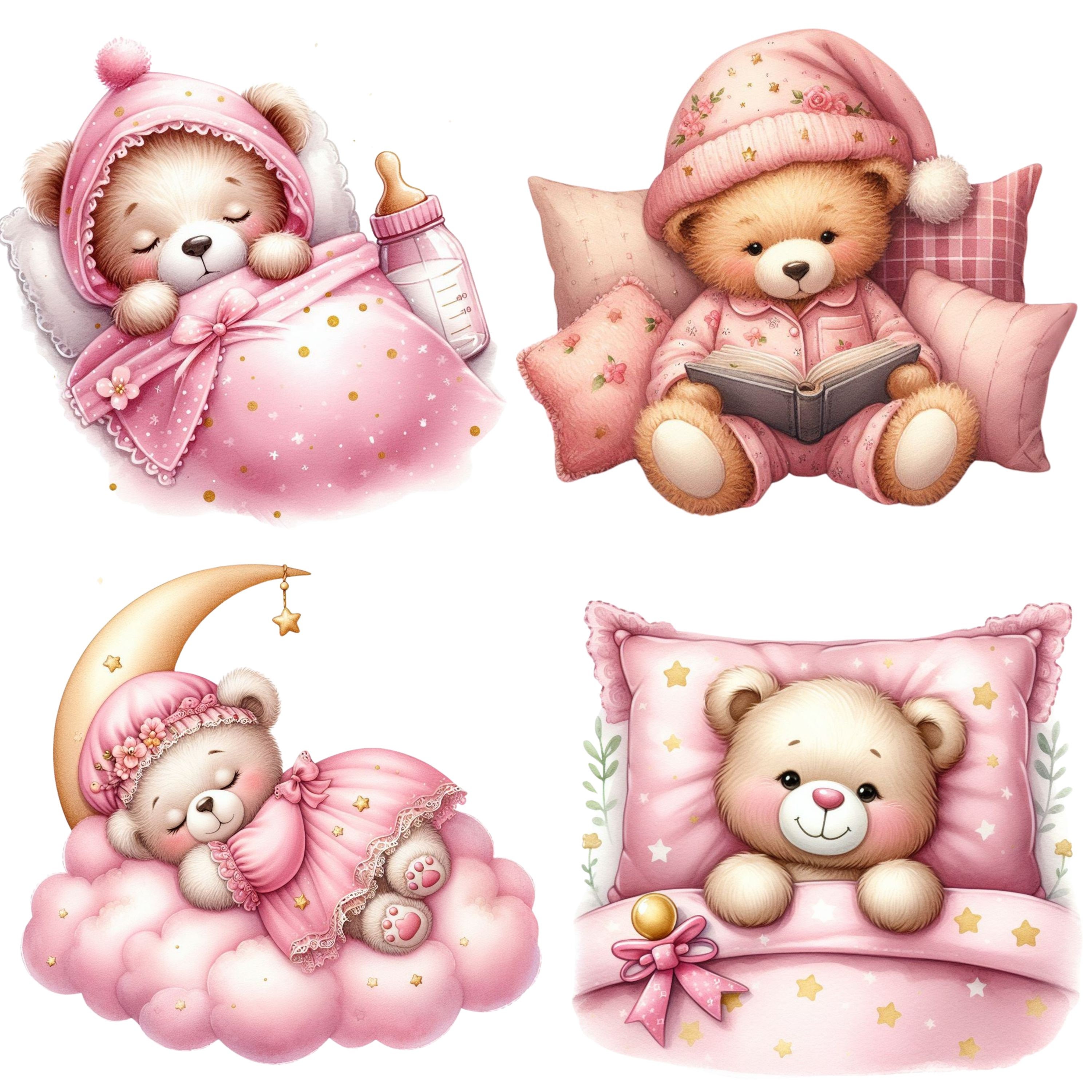84 Pink Sleepy Teddy Bear Sublimation, Watercolor Teddy Bear Clipart ...
