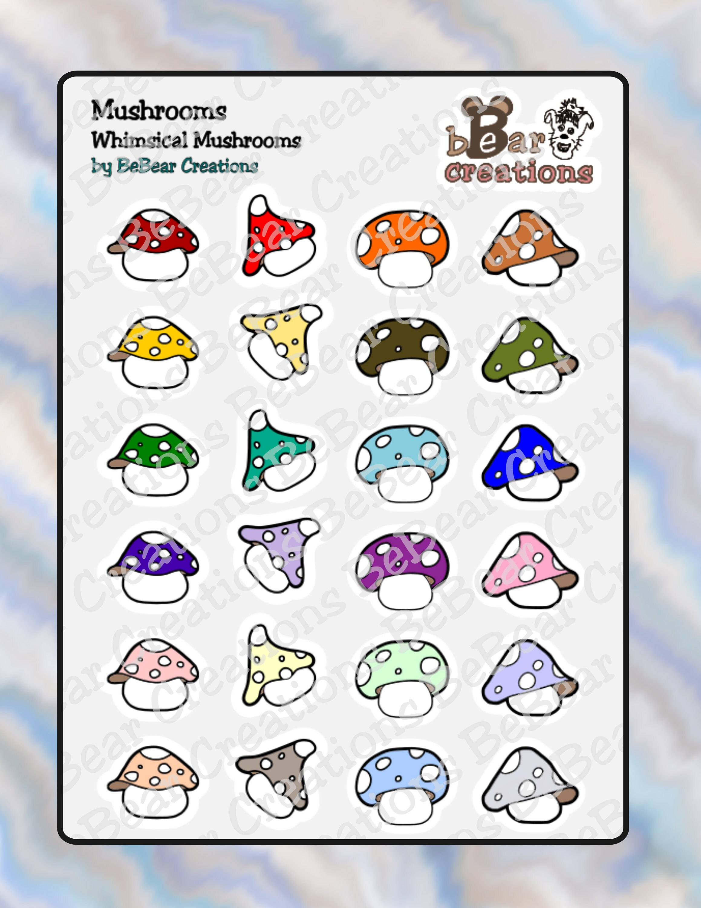 Cute Vinyl Mushroom Sticker Sheet. Whimsical Hand-drawn - Etsy