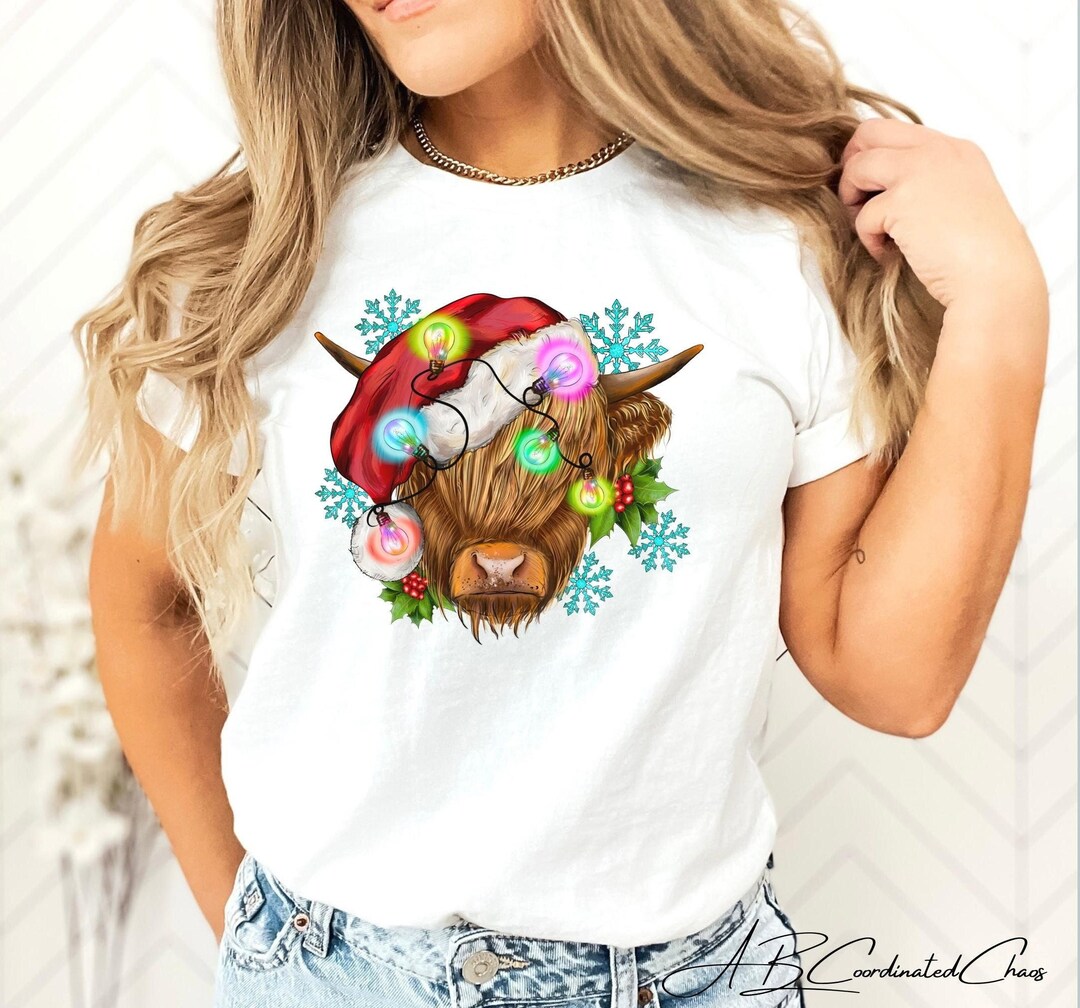 Highland Cow Christmas Tshirt String Lights Heifer - Etsy
