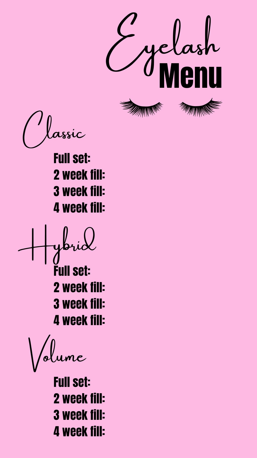 Eyelash Menu - Etsy