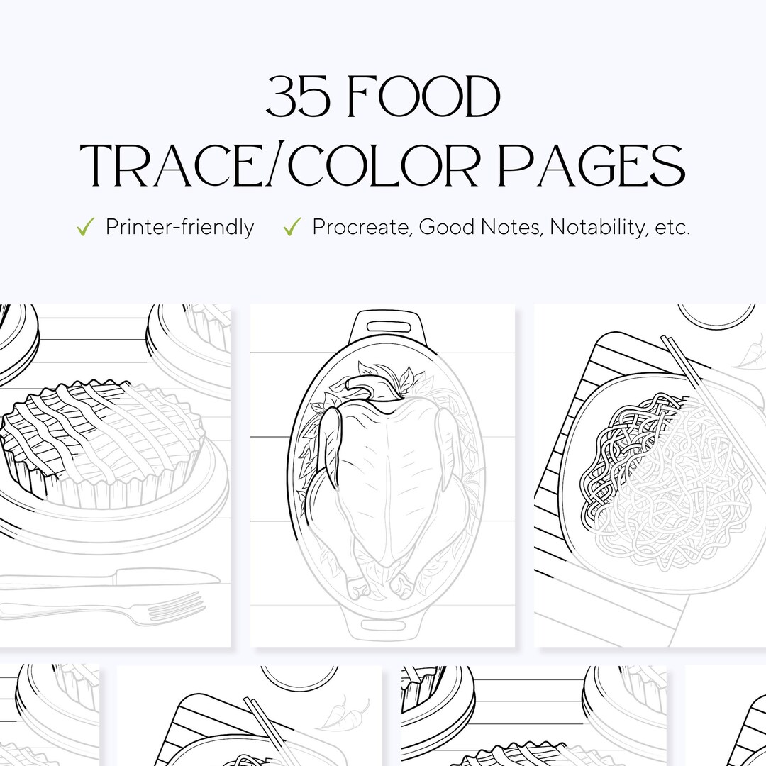 35 Food Trace & Color Pages – Relaxing Designs, Art Therapy (PDF) - Etsy
